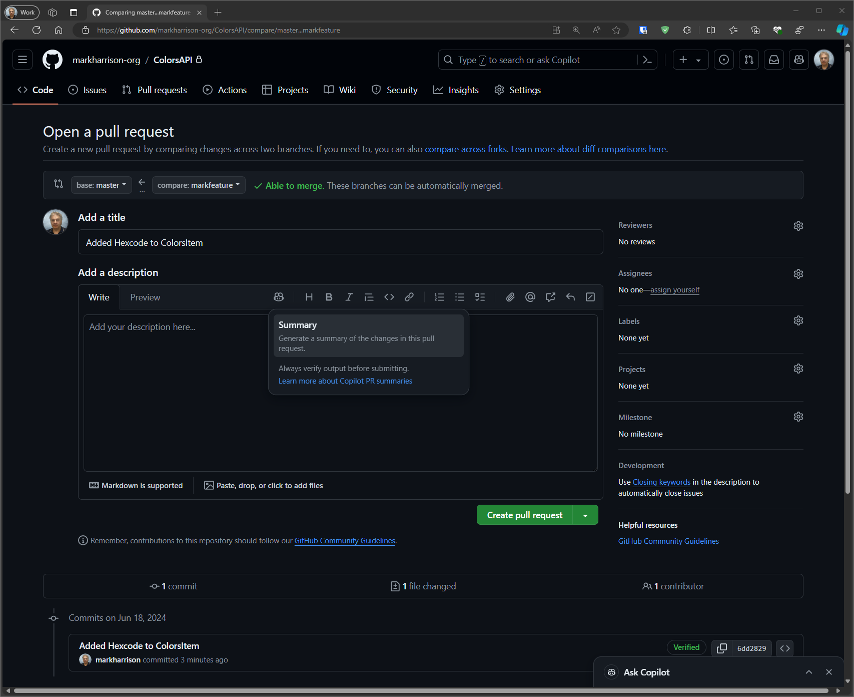 Pull request summaries | GitHub Copilot - Hands on Lab